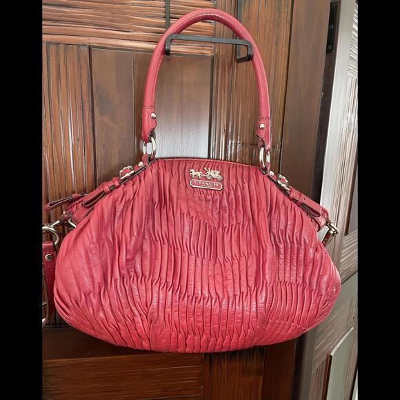 Coach | Bags | Red Leather Coach Madison Gathered Leather Satchel ...